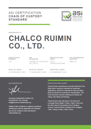 ASI certifies Chalco Ruimin’s two rolled aluminium materials plants in ...