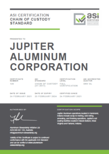 Jupiter Aluminum’s three facilities certified against ASI Chain of ...