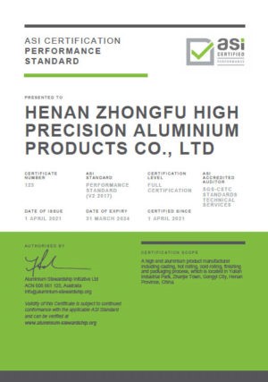 ASI certifies Henan Zhongfu High Precision Aluminium Products Co., Ltd ...