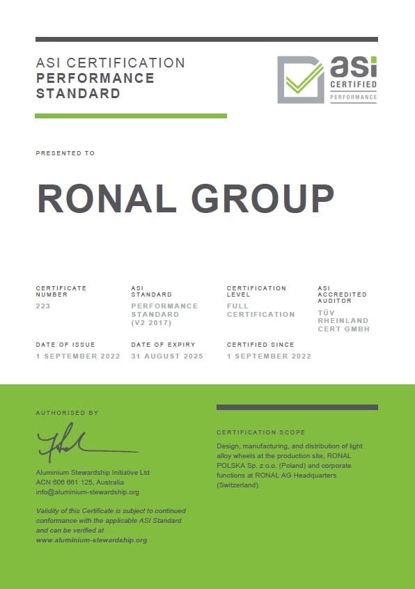 ASI certifies RONAL GROUP against Performance Standard Certification ...