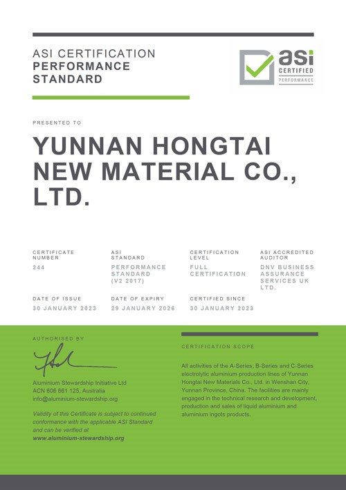 ASI certifies Yunnan Hongtai New Material against Performance Standard ...