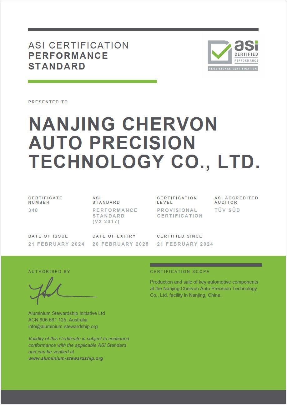 ASI certifies Nanjing Chervon Auto Precision Technology against ...