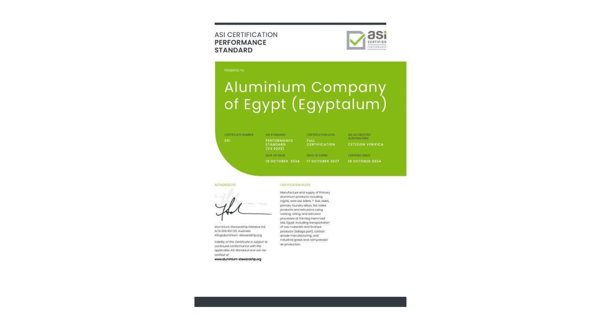 Egyptalum achieves the ASI Performance Standard V3 Certification for ...