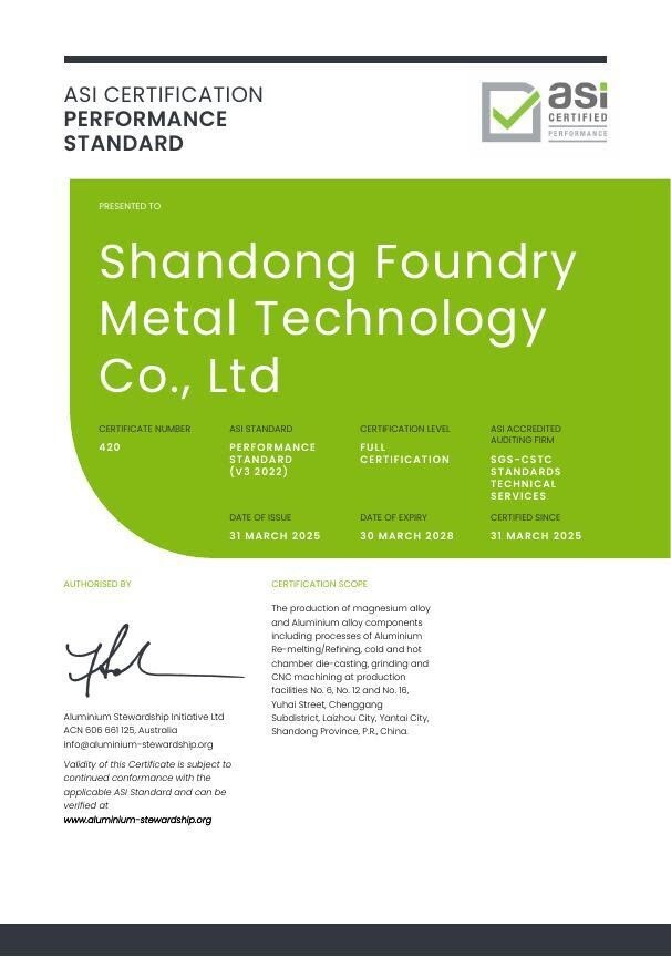ASI certifies Shandong Foundry Metal Technology Co., Ltd against Performance Standard V3